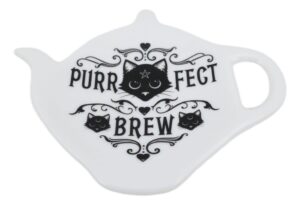 ebros wicca occult pentagram crescent moon eyes purrfect brew feline black cats ceramic porcelain tea spoon or bag holder rest plate in petite teapot shape home kitchen decor alchemy magic accent (1)