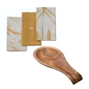 folkulture wooden spoon rest and kitchen towels bundle, spoon rest for kitchen counter, spoon holder for stove, kitchen towels or tea towels, 20 x 26 inches cotton dishrags