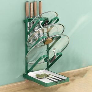 Pot Lid Organizer, Spoon Rest, Knife Rack, Multi-function Pan Cooking Board Spatula Kitchen Utensil Stand Cover Holder, Wall/Door Mounted Cabinet Storage Organizer with Removable Tray (Green), M