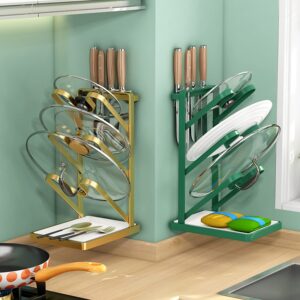 Pot Lid Organizer, Spoon Rest, Knife Rack, Multi-function Pan Cooking Board Spatula Kitchen Utensil Stand Cover Holder, Wall/Door Mounted Cabinet Storage Organizer with Removable Tray (Green), M