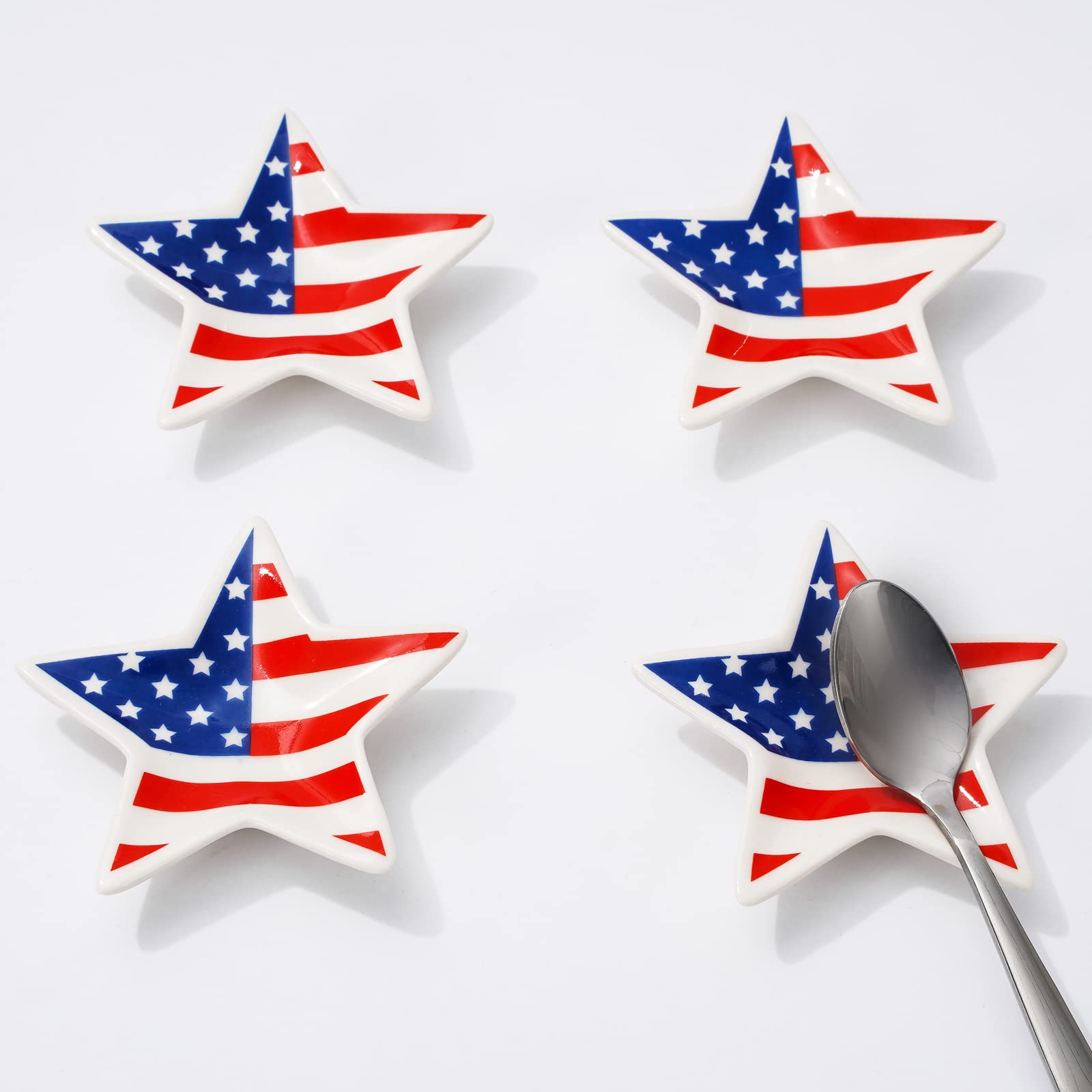 Whaline 4Pcs Patriotic Coffee Spoon Rest 4th of July Ceramic Teaspoon Holder Star Shaped Sauce Dishes American Flag Star Dipping Bowl Star Ring Dish for Independence Day Kitchen Office Party Decor