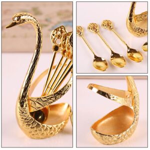 Coffee Dessert Spoon Set, Metal Swan Base Holder Spoon Organizer with 6 Spoons, Creative Dinnerware Set Decorative Swan Shaped Style Holder (Gold (A))