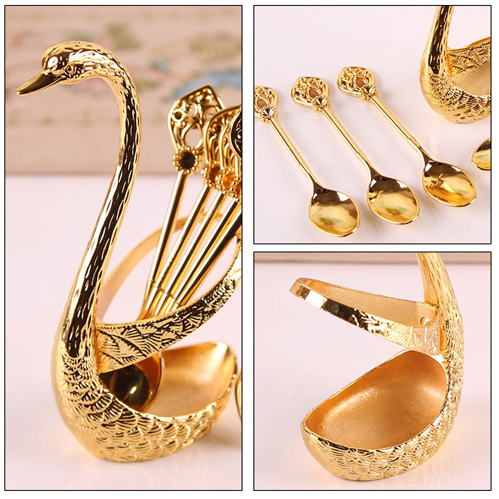 Coffee Dessert Spoon Set, Metal Swan Base Holder Spoon Organizer with 6 Spoons, Creative Dinnerware Set Decorative Swan Shaped Style Holder (Gold (A))