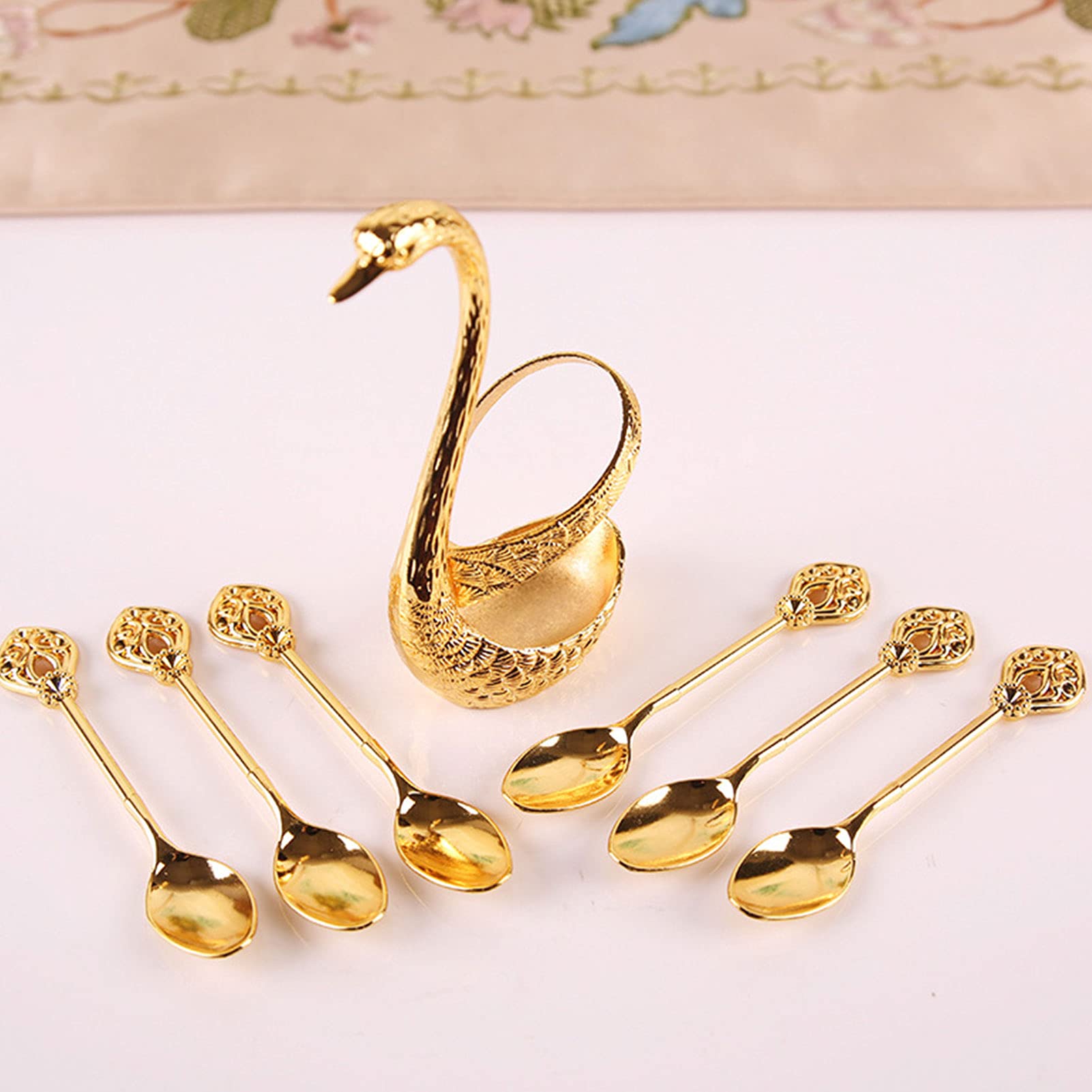 Coffee Dessert Spoon Set, Metal Swan Base Holder Spoon Organizer with 6 Spoons, Creative Dinnerware Set Decorative Swan Shaped Style Holder (Gold (A))