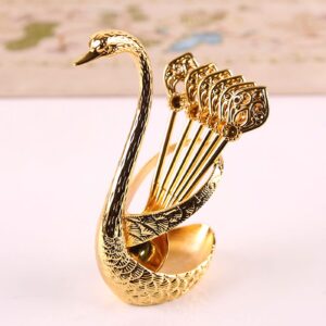 Coffee Dessert Spoon Set, Metal Swan Base Holder Spoon Organizer with 6 Spoons, Creative Dinnerware Set Decorative Swan Shaped Style Holder (Gold (A))