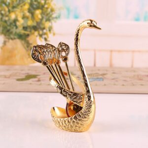 Coffee Dessert Spoon Set, Metal Swan Base Holder Spoon Organizer with 6 Spoons, Creative Dinnerware Set Decorative Swan Shaped Style Holder (Gold (A))