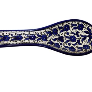 Bethlehem Gifts TM 10" Armenian Ceramic Hand-Painted Cooking Spoon Rest Ladle Holder (Blue Flowers)