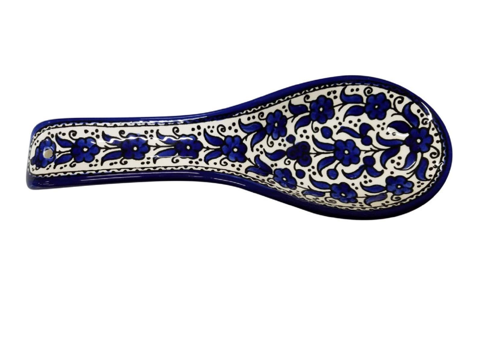 Bethlehem Gifts TM 10" Armenian Ceramic Hand-Painted Cooking Spoon Rest Ladle Holder (Blue Flowers)