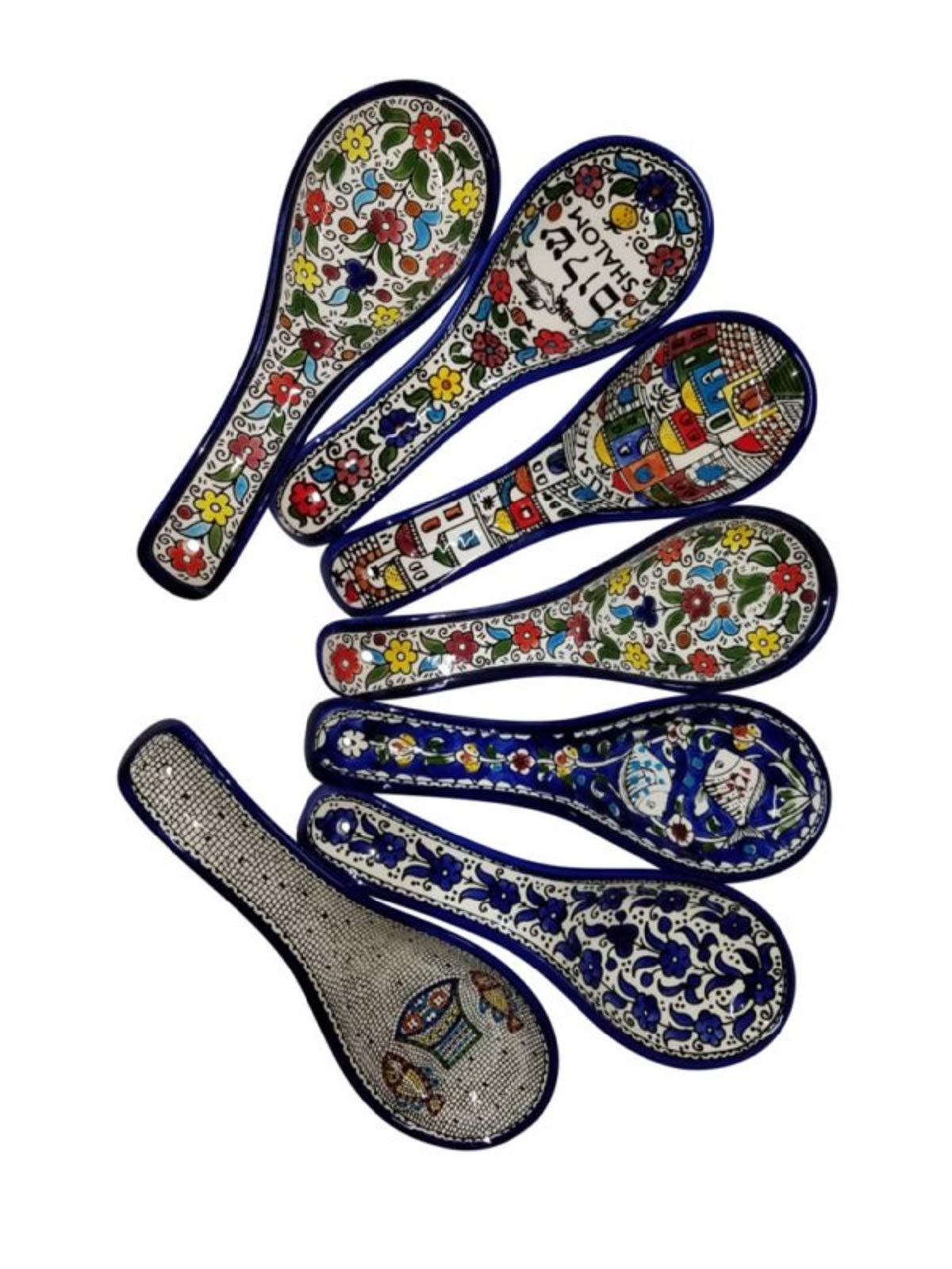 Bethlehem Gifts TM 10" Armenian Ceramic Hand-Painted Cooking Spoon Rest Ladle Holder (Blue Flowers)