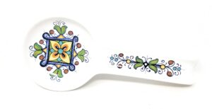 nova deruta spoon rest, yellow flower, green yellow tulip floral, spirals, made in italy, italian exclusively handcrafted earthenware for sur la table, deruta region artwork, 11.5" x 5"