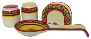 euroceramica galicia spanish dinnerware and serveware collection, 4-piece tableware necessities set, salt and pepper shaker, spoon rest, napkin holder, multicolor