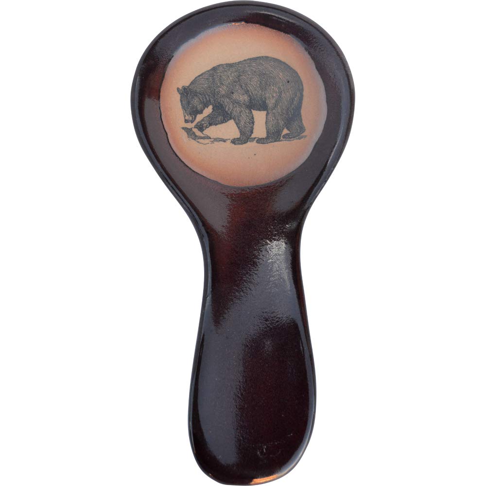 ALWAYS AZUL POTTERY 9.5 Inch Long Spoon Rest in Fishing Bear Design and Real Red Glaze - Handmade Pottery Cookware Accessories - Kitchen Countertop Holder for Giant Spatula, Ladle & More