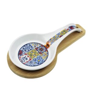 Portugal Tile Azulejo Themed Spoon Rest with Wooden Base - Various Colors (Red)