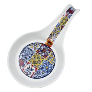 Portugal Tile Azulejo Themed Spoon Rest with Wooden Base - Various Colors (Red)