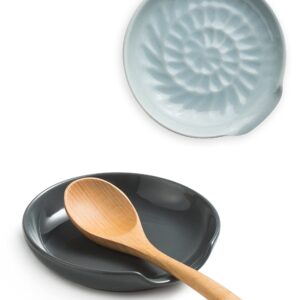 Ceramic Spoon Rest with Drip Tray for Multiple Utensils& Cooking Spoon Rest Spoon Holder for Stove Top, Gray