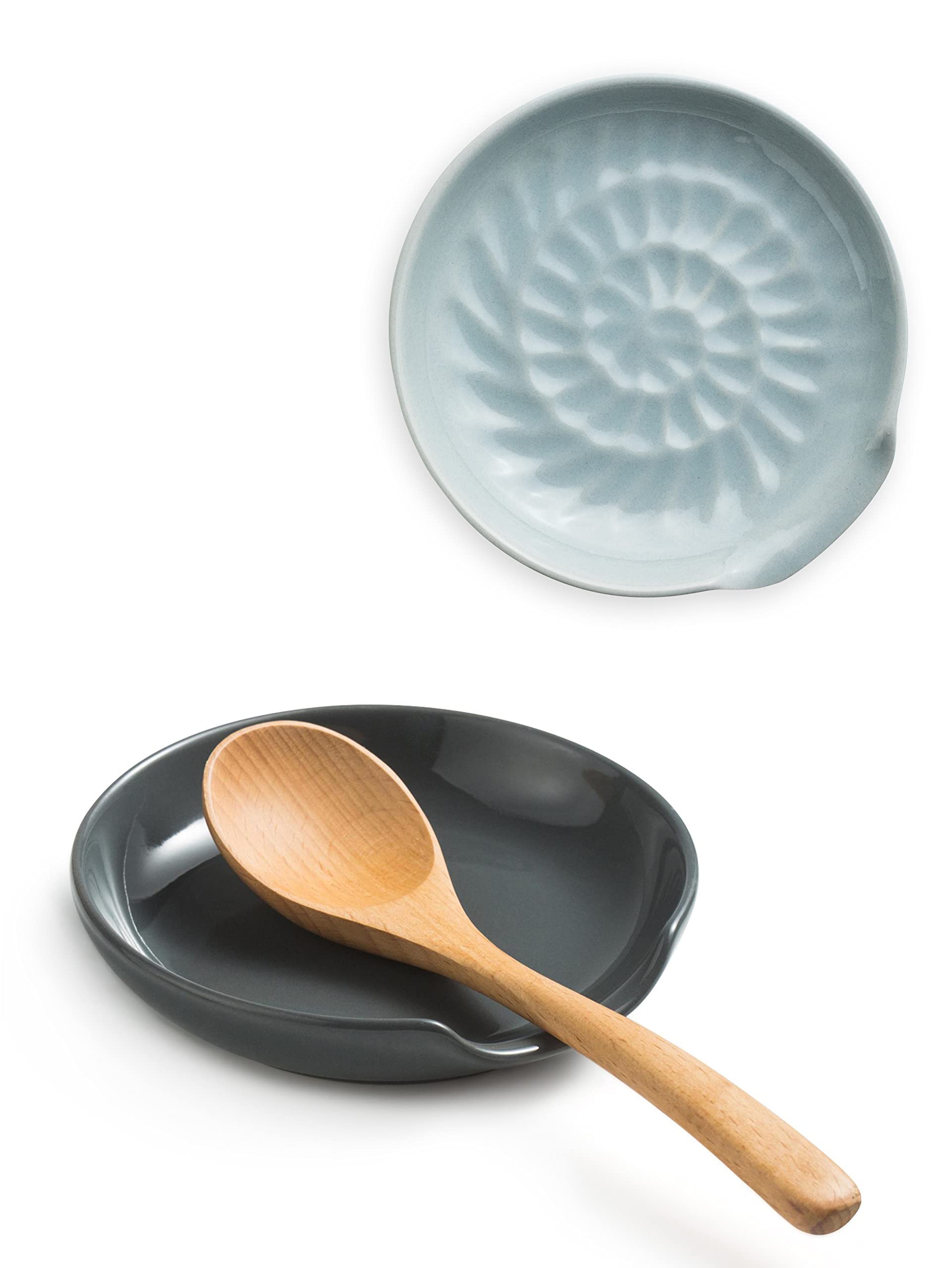 Ceramic Spoon Rest with Drip Tray for Multiple Utensils& Cooking Spoon Rest Spoon Holder for Stove Top, Gray