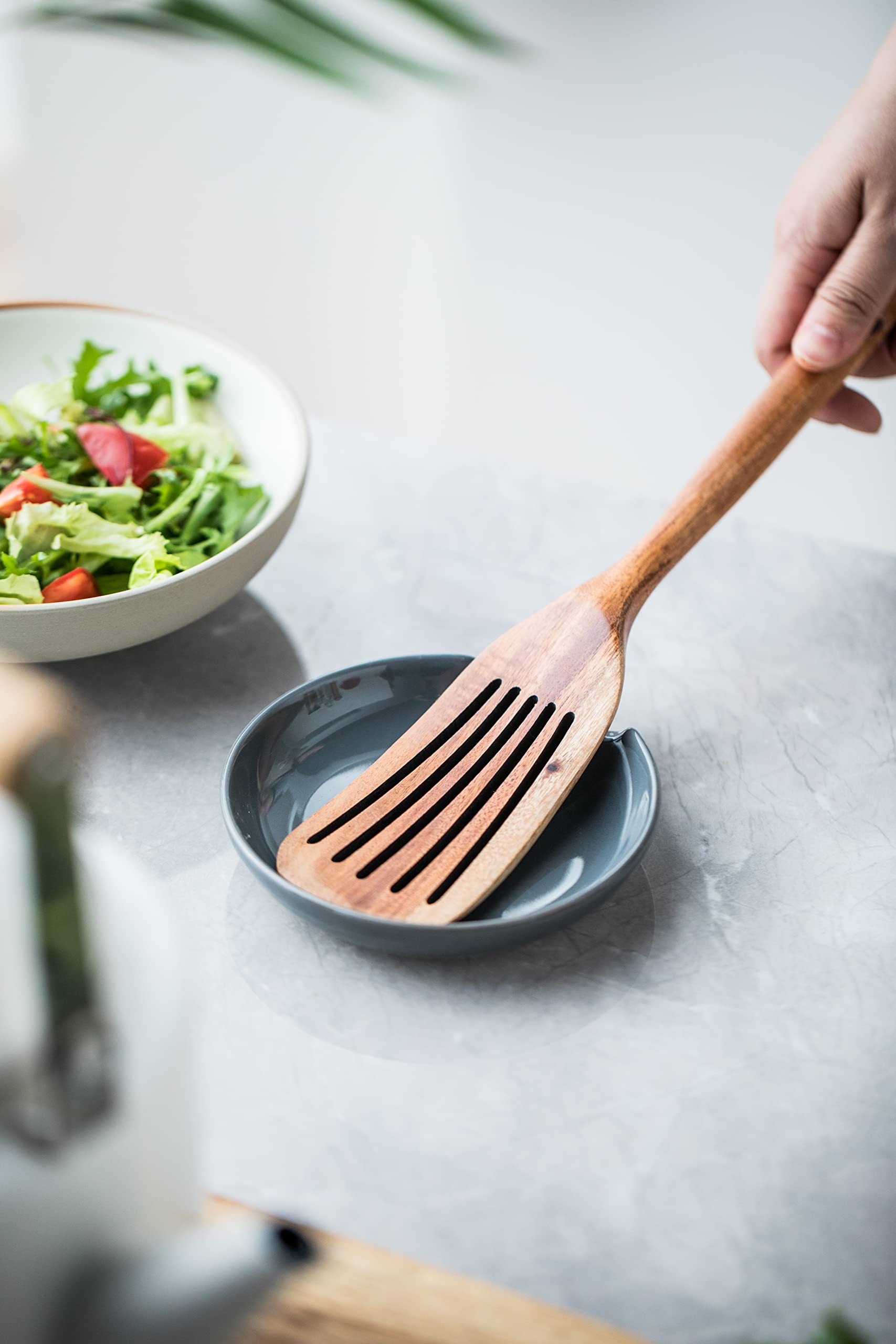 Ceramic Spoon Rest with Drip Tray for Multiple Utensils& Cooking Spoon Rest Spoon Holder for Stove Top, Gray