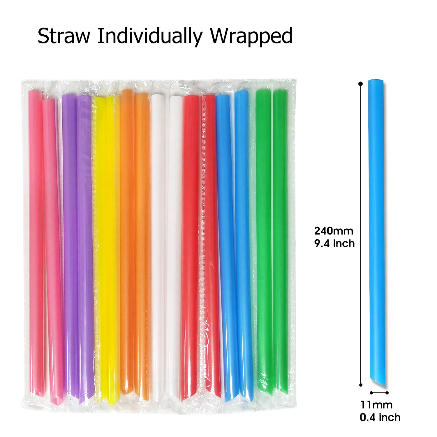 MYJIE 100 Pcs Jumbo Smoothie Straws Boba Straws,Individually Wrapped Multi Colors Disposable Plastic Large Wide-mouthed Milkshake Bubble Tea Drinking Straw(0.43" Diameter and 9.45" long)