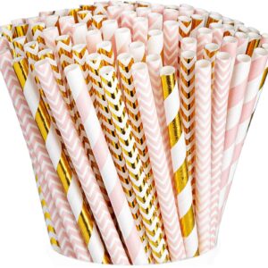 Comfy Package, [200 Pack] Pink & Gold Paper Drinking Straws 100% Biodegradable Multi-Pattern Party Straws For Birthday, Wedding, Bridal, Baby Shower, And Holiday Decoration