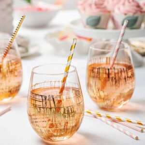 Comfy Package, [200 Pack] Pink & Gold Paper Drinking Straws 100% Biodegradable Multi-Pattern Party Straws For Birthday, Wedding, Bridal, Baby Shower, And Holiday Decoration