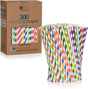 zunii 300-pack multi-color biodegradable paper straws - 10 bright colors - eco friendly straws for juice, soda, cocktails, shakes - great for birthday parties, bridal showers, cake pop sticks