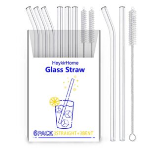 heykirhome 6-pack reusable glass straw-transparent,size 8''x10 mm,including 3 straight and 3 bent with 2 cleaning brush- perfect for smoothies, tea, juice-clear