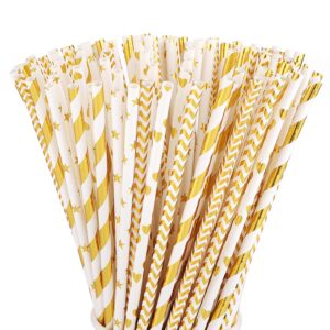 alink biodegradable gold paper straws bulk, pack of 100 metallic foil striped/wave/heart/star straws for birthday, wedding, bridal/baby shower, celebrations and party supplies