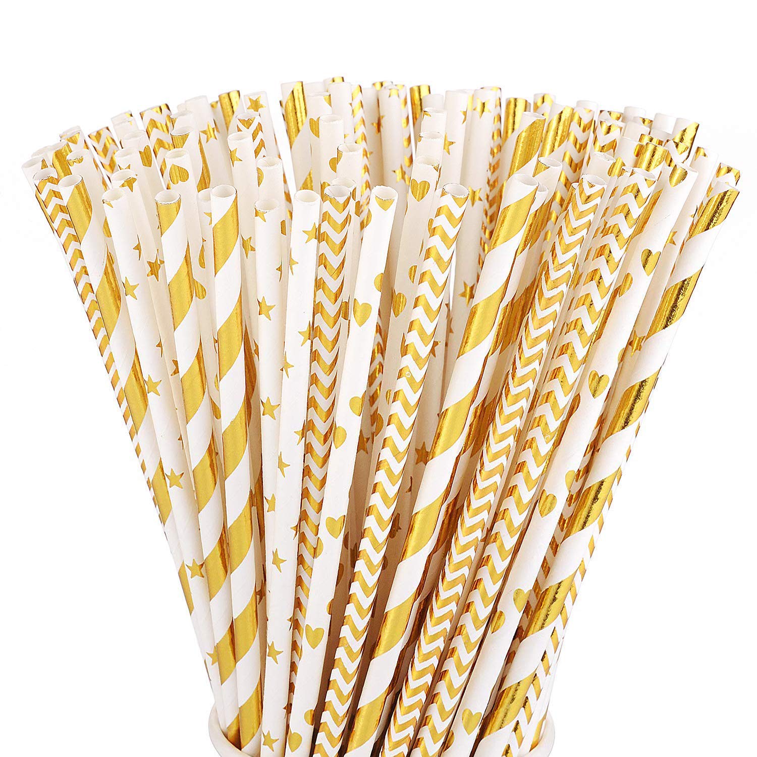 ALINK Biodegradable Gold Paper Straws Bulk, Pack of 100 Metallic Foil Striped/Wave/Heart/Star Straws for Birthday, Wedding, Bridal/Baby Shower, Celebrations and Party Supplies