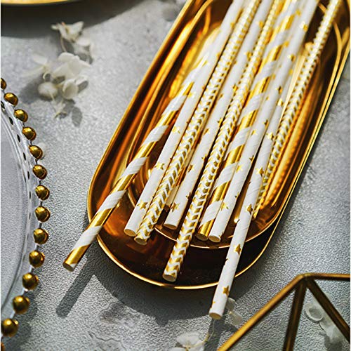 ALINK Biodegradable Gold Paper Straws Bulk, Pack of 100 Metallic Foil Striped/Wave/Heart/Star Straws for Birthday, Wedding, Bridal/Baby Shower, Celebrations and Party Supplies