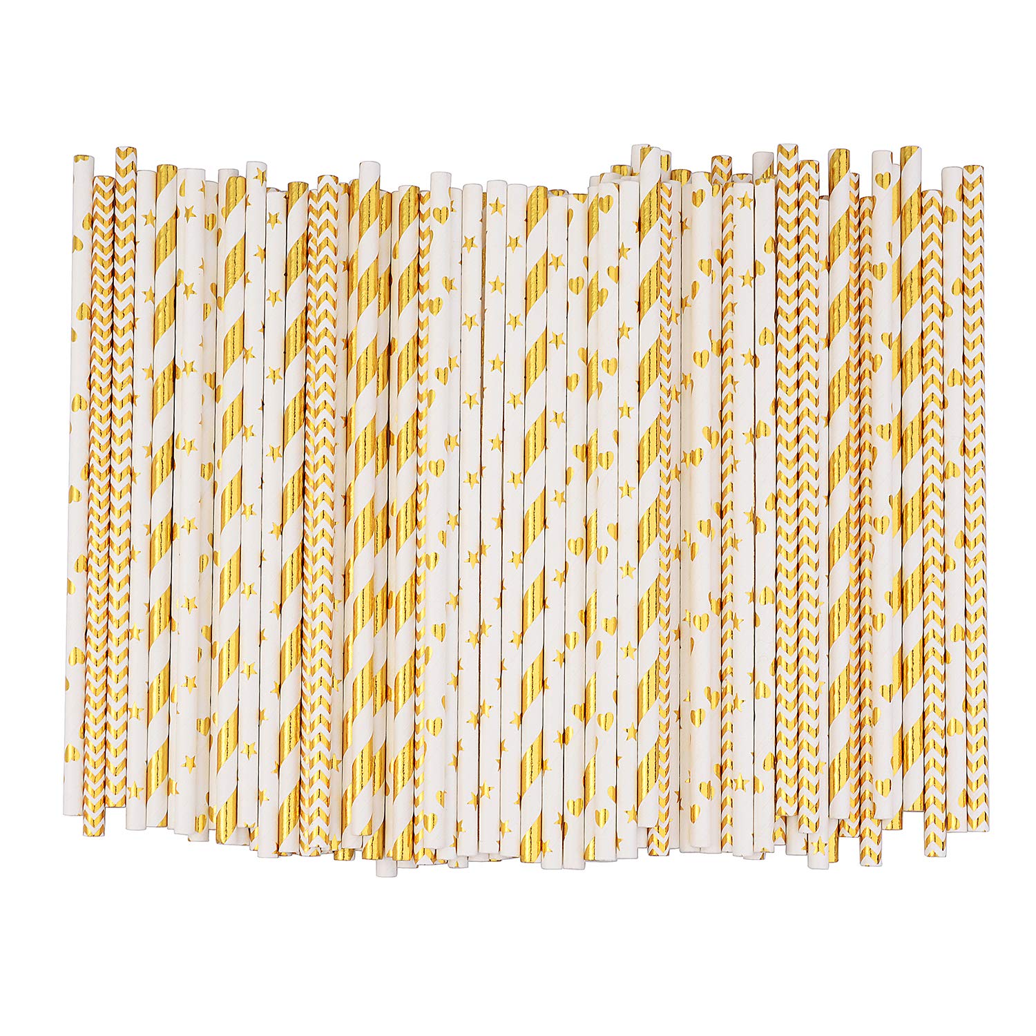 ALINK Biodegradable Gold Paper Straws Bulk, Pack of 100 Metallic Foil Striped/Wave/Heart/Star Straws for Birthday, Wedding, Bridal/Baby Shower, Celebrations and Party Supplies