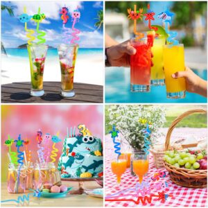 24 Under The Sea Party Favors Crazy Straws for Kids, Silly Fun Reusable Straws, Twisty Curly Kids Plastic Drinking Straws with 2 Brushes, Sea Animal Ocean Theme Birthday Party Supplies Goodie Gifts