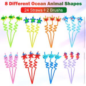 24 Under The Sea Party Favors Crazy Straws for Kids, Silly Fun Reusable Straws, Twisty Curly Kids Plastic Drinking Straws with 2 Brushes, Sea Animal Ocean Theme Birthday Party Supplies Goodie Gifts