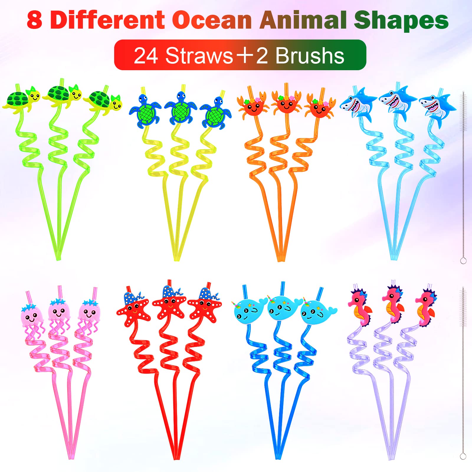 24 Under The Sea Party Favors Crazy Straws for Kids, Silly Fun Reusable Straws, Twisty Curly Kids Plastic Drinking Straws with 2 Brushes, Sea Animal Ocean Theme Birthday Party Supplies Goodie Gifts