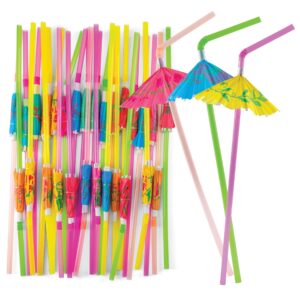 prextex umbrella drinking straws 200pcs - flexible straw, bendable/bendy straws, colored long plastic straws, disposable plastic straws, colored straws, cocktail straws, umbrella straws, tumbler straw