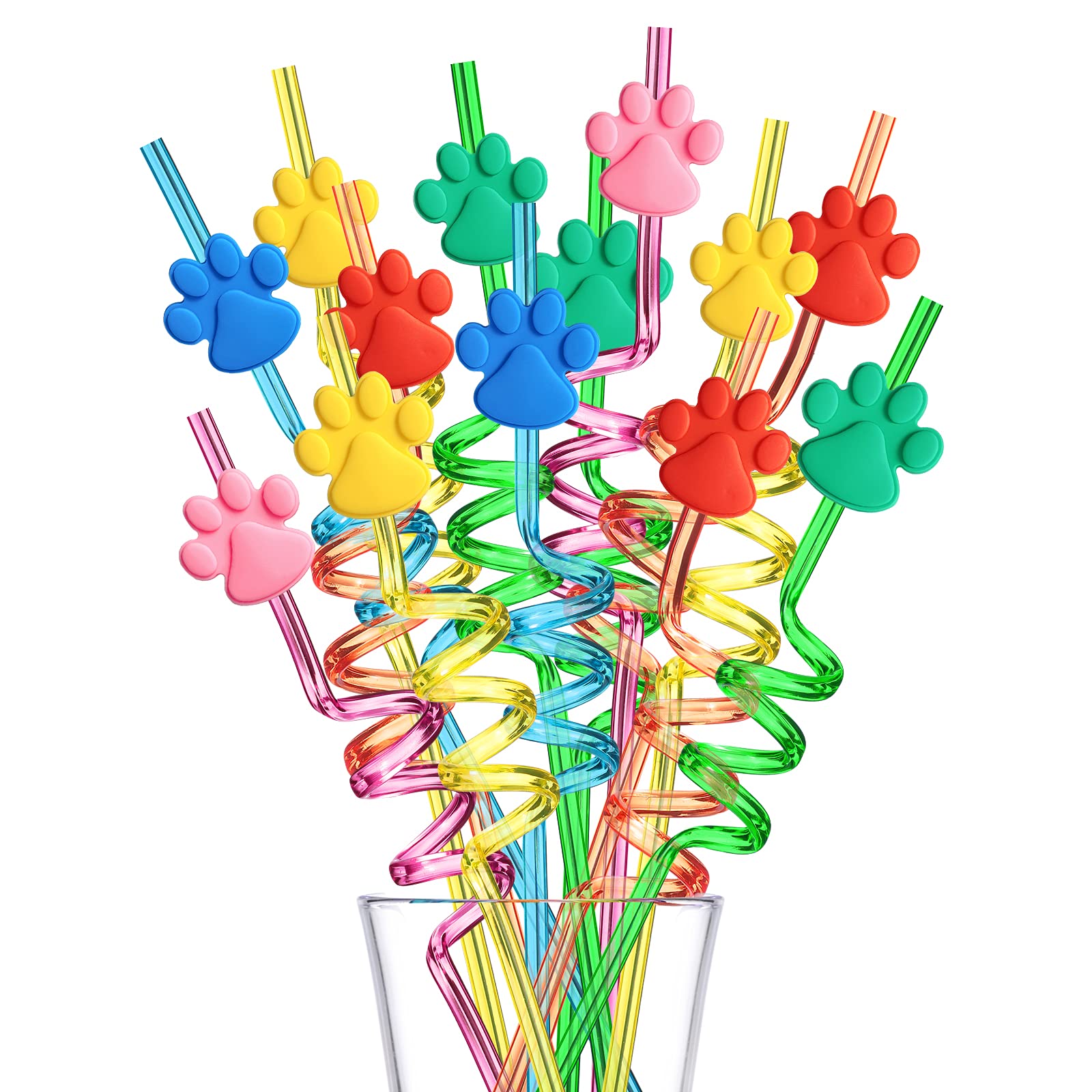 24 Paw Birthday Party Supplies Paw Print Drinking Straws with 2 PCS Straws Patrol Cleaning Brush for Pet Dog Puppy Pals Cat Birthday Decorations Favors