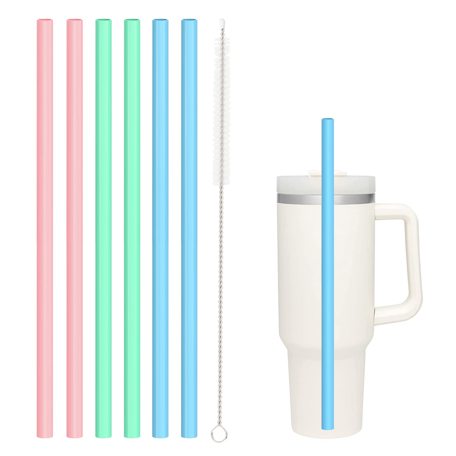 Silicone Straw Replacement for Stanley 40 oz 30 oz Tumbler Cup, 6 Pack Reusable Straws with Cleaning Brush for Stanley Adventure Quencher Travel Tumbler, Straw for Stanley Accessories