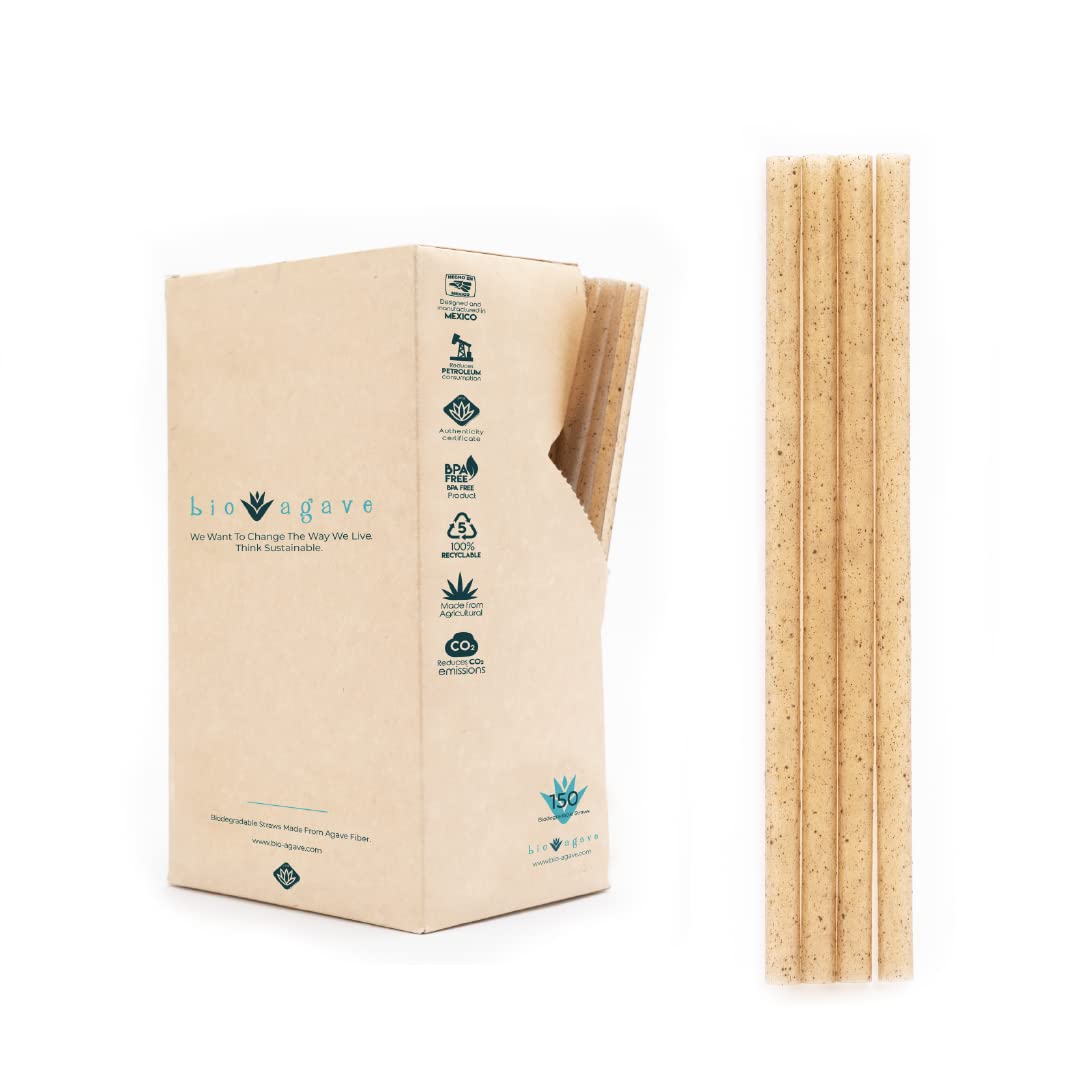 BIO AGAVE - 150 Pack Biodegradable 8 1/4" Standard Straws Made From Agave Fibers | Plant Based Eco Friendly Products | Drinking Straws | Reusable Straws