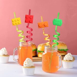 25 Building Blocks Party Favors Brick Block Drinking Straws for Building Blocks Birthday Party Supplies with 2 PCS Straws Cleaning Brush