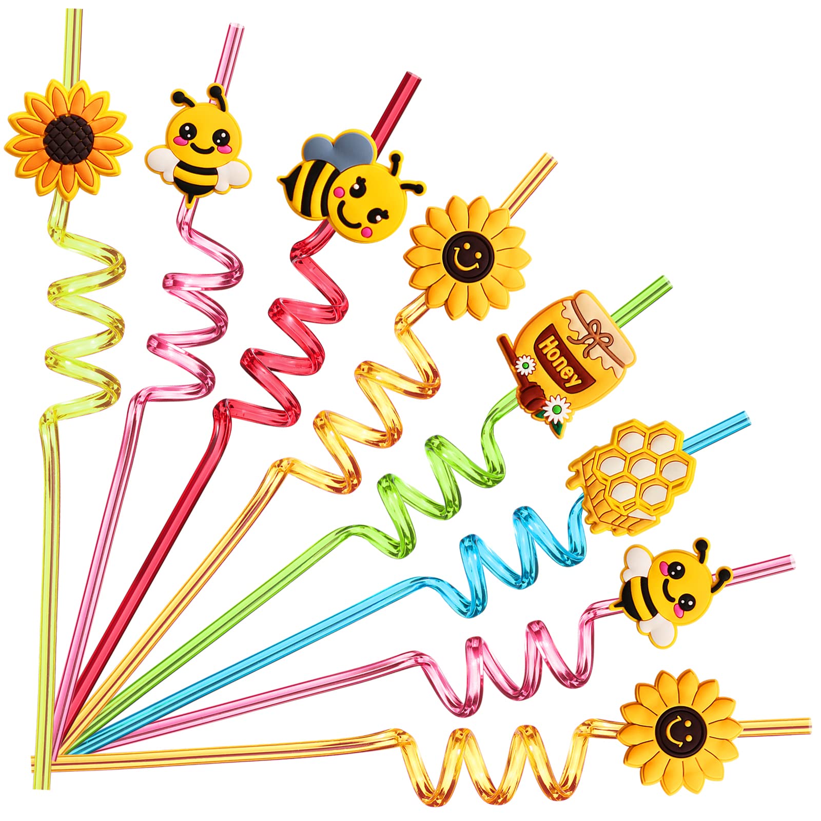 24 Bee Party Favors Bee Sunflower Honey Drinking Straws Goodie Gifts for Kids Birthday Party Supplies with 2 PCS Cleaning Brushes