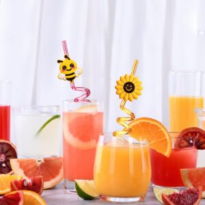 24 Bee Party Favors Bee Sunflower Honey Drinking Straws Goodie Gifts for Kids Birthday Party Supplies with 2 PCS Cleaning Brushes