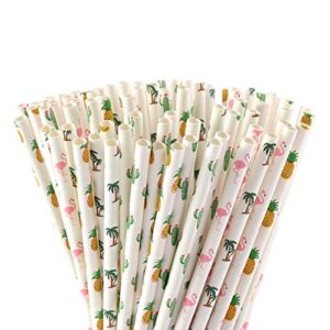 alink hawaiian tropical party paper straws, flamingo/pineapple/cactus/coconut tree biodegradable straws for beach cocktail luau decorations, pack of 100