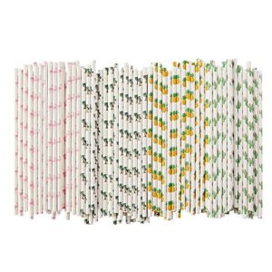 ALINK Hawaiian Tropical Party Paper Straws, Flamingo/Pineapple/Cactus/Coconut Tree Biodegradable Straws for Beach Cocktail Luau Decorations, Pack of 100