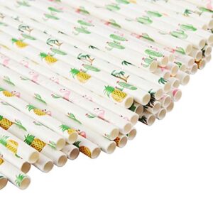 ALINK Hawaiian Tropical Party Paper Straws, Flamingo/Pineapple/Cactus/Coconut Tree Biodegradable Straws for Beach Cocktail Luau Decorations, Pack of 100