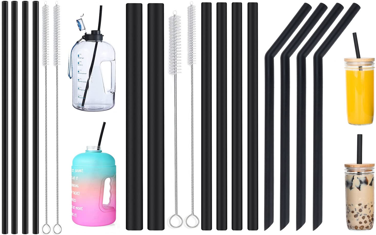 ALINK 15 IN Extra Long Black Silicone Straws + 2 Black Boba Straws 8 Smoothie Straws