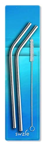 SWZLE Pack - 2 Reusable Stainless Steel Drinking Straws & 1 Cleaning Brush in Stylish Water Resistant Carrying Case - Fits in Purse & Backpack - Perfect for Travel & Home (Blue Ocean)