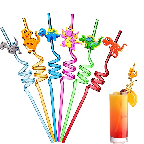 ULIFEMALL Reusable Drinking Straws, Dinosaur Party Favors Party Decorations Dinosaur Plastic Straws Safari Jungle Kids Birthday Dinosaur Party Supplies for Family or Party Use - Pack of 6