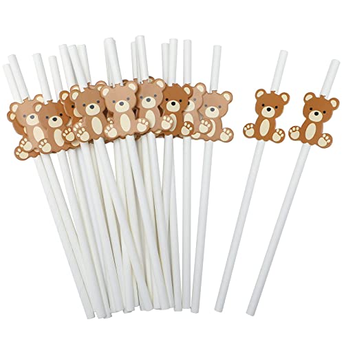 Skyley 100 Pcs Bear Paper Straws Little Cutie Straws Snowflake Disposable Drinking Paper Straws for Little Cutie Baby Shower White Brown