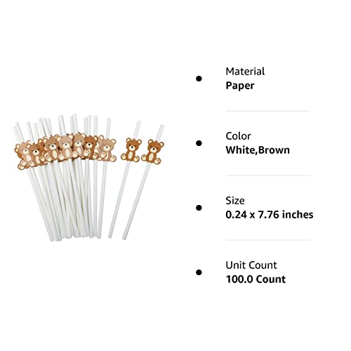 Skyley 100 Pcs Bear Paper Straws Little Cutie Straws Snowflake Disposable Drinking Paper Straws for Little Cutie Baby Shower White Brown