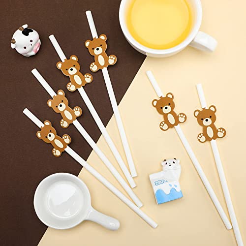 Skyley 100 Pcs Bear Paper Straws Little Cutie Straws Snowflake Disposable Drinking Paper Straws for Little Cutie Baby Shower White Brown