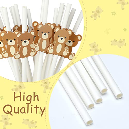 Skyley 100 Pcs Bear Paper Straws Little Cutie Straws Snowflake Disposable Drinking Paper Straws for Little Cutie Baby Shower White Brown